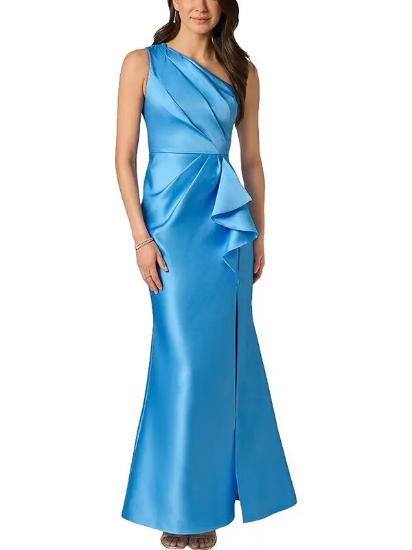 Adrianna Papell One Shoulder Mikado Gown With Draped Front And Slit - Cool Cloud