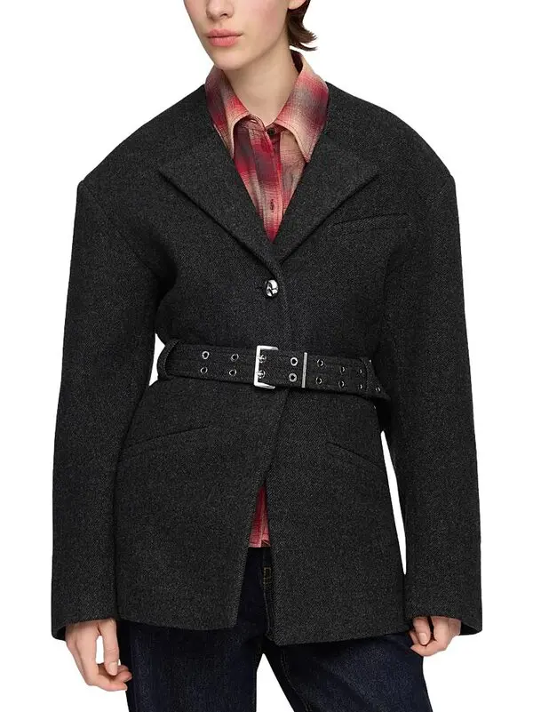 GANNI Belted Wool Jacket - Phantom