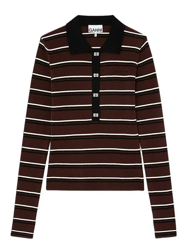 GANNI Striped Merino Wool Polo Shirt - Multicolour