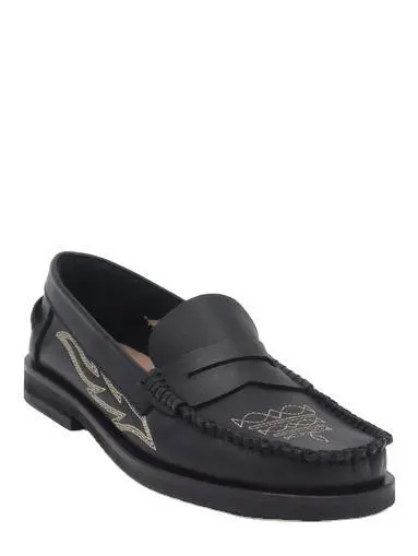 STIVALI NEW YORK Baldanaza Leather Western Embroidery Penny Loafers - Black