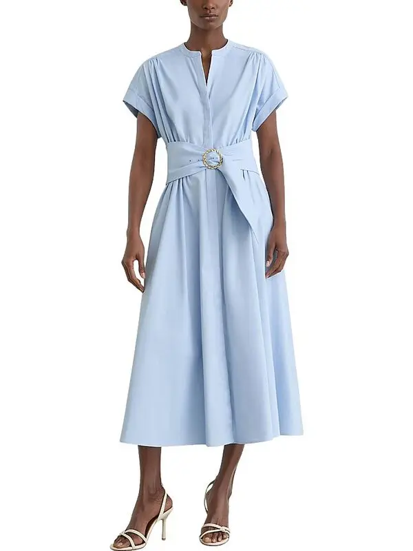 REISS Petite Cotton Blend Midi Dress With Belt - Blue