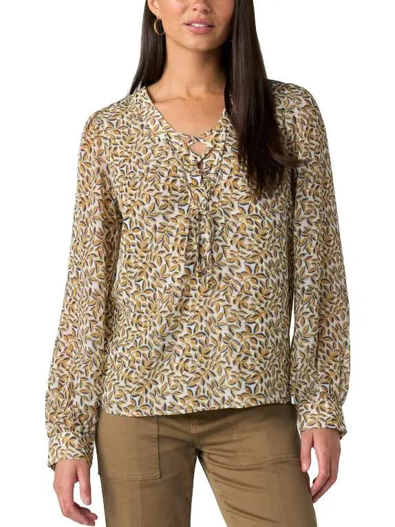 LIVERPOOL Printed Lace-up V-neck Top - Gold Blue Multi