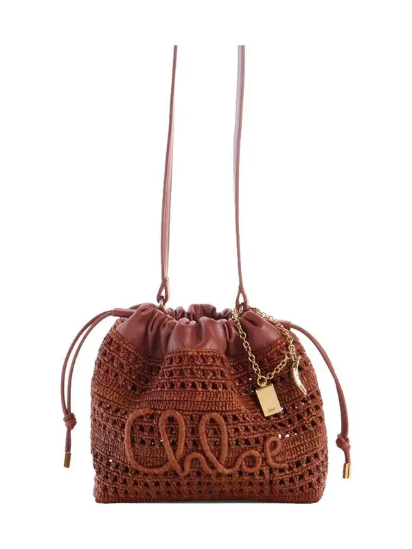 Chloé Mini Woven Raffia Drawstring Shoulder Bag - Ginger/red