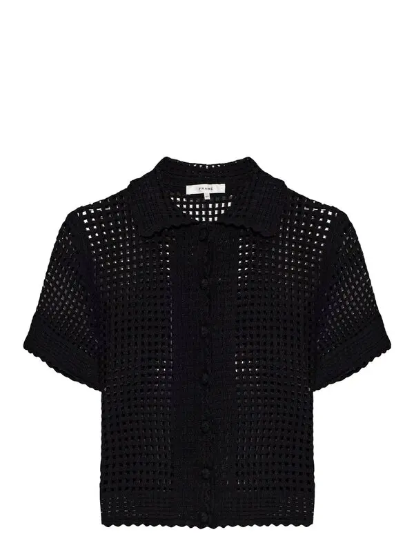 FRAME Short Sleeve Button-front Knit Top - Black