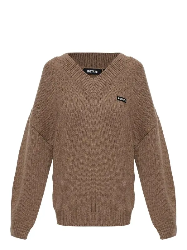 ROTATE BY BIRGER CHRISTENSEN Logo Patch V-neck Sweater - Brown