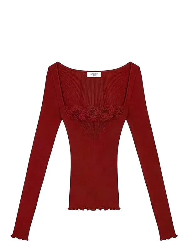 Saint Laurent Ribbed Lace-trimmed Top - Red