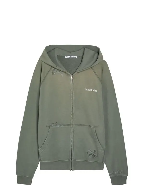 Acne Studios Distressed Logo Zip-through Hooded Sweatshirt - Grey