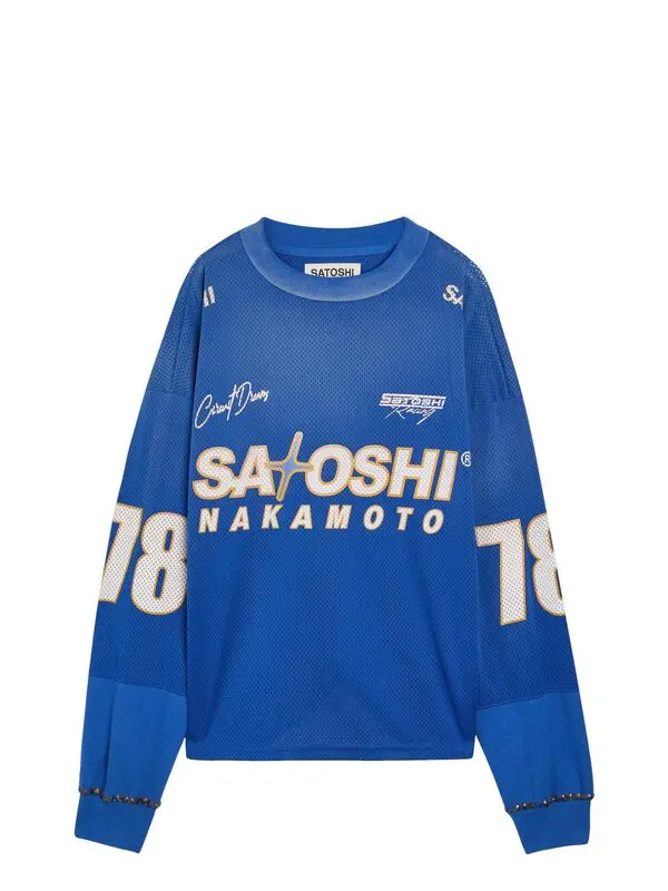 SATOSHI NAKAMOTO Mesh Moto Logo-print Jersey T-shirt - Blue
