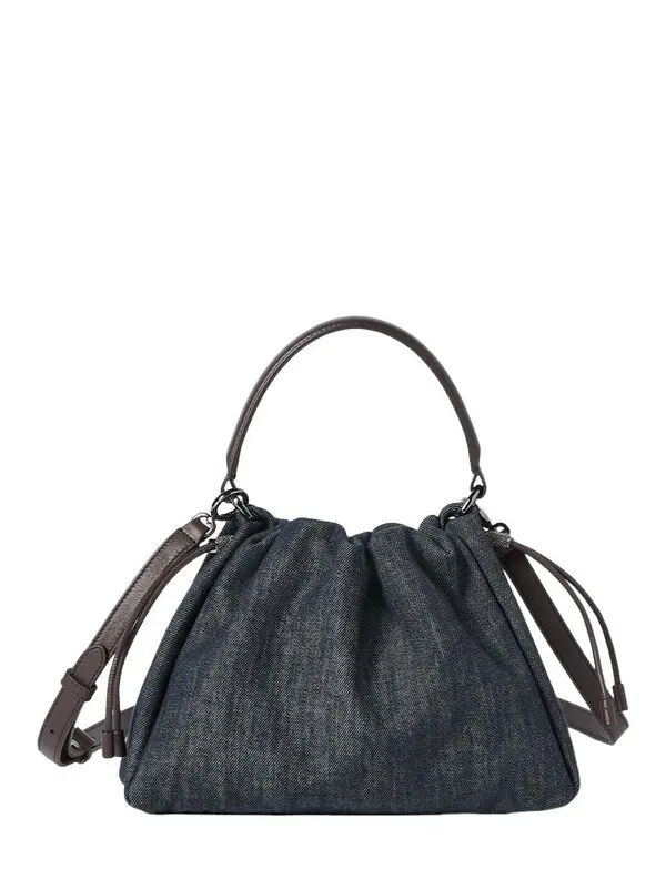 Brunello Cucinelli Mellow Small Bucket Bag In Cotton Denim-effect Twill With Monili - Blue