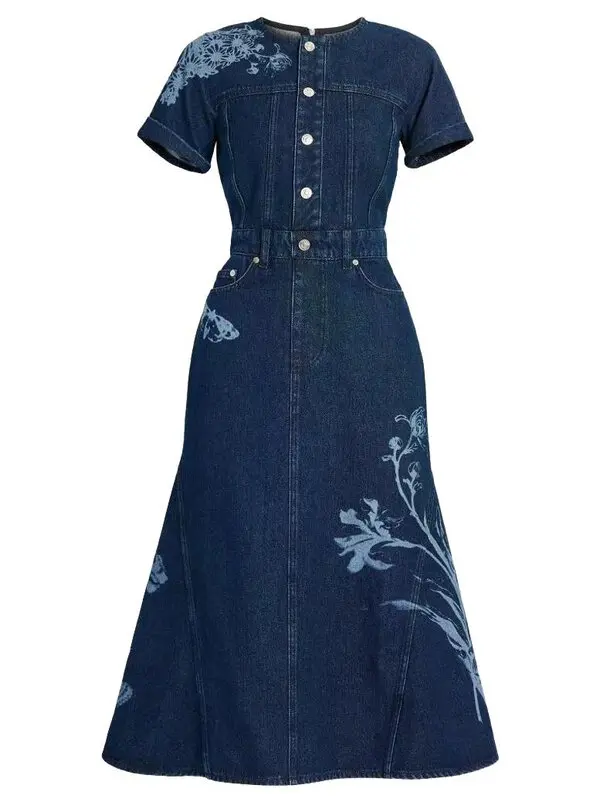 Erdem Indigo Floral Print Short Sleeve Dress - Blue