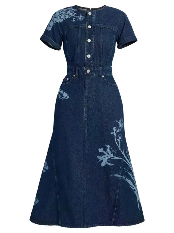 Erdem Indigo Floral Print Short Sleeve Dress - Blue