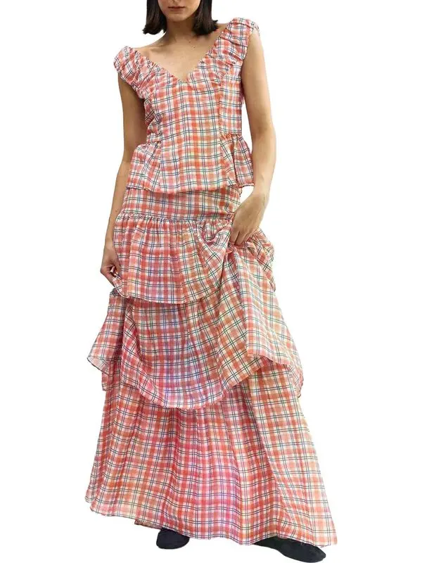 ASTON STUDIO Romane Tiered Plaid Maxi Skirt - Orange