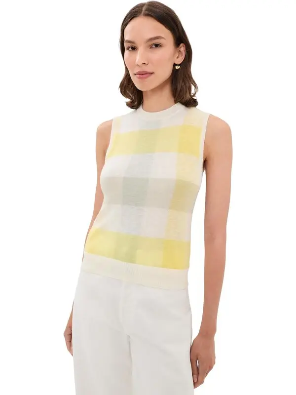 Vince Plaid Crew Neck Shell Tank In Wool - Dandelion Combo