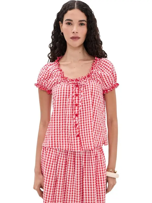 Splendid Gigi Gingham Check Puff Sleeve Top With Drawstring Neckline - Firework/white