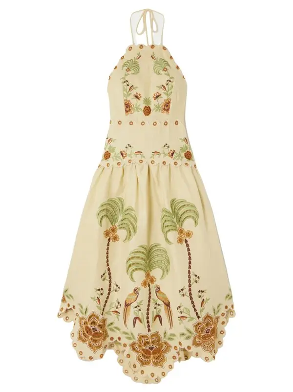 Farm Rio Embroidered Asymmetrical Hem Midi Dress - Beige