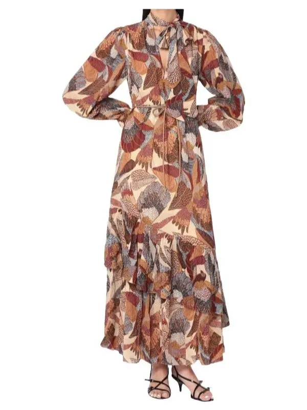 Farm Rio Printed Maxi Dress With Tie Neck And Puff Sleeves - Brown