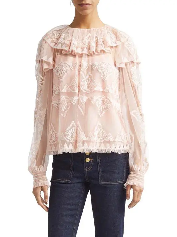 Ulla Johnson Ivy Floral Lace Embroidered Ruffle Tulle Blouse - Blush