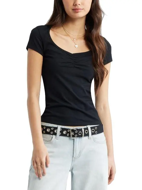 Bp. Ruched Front Cotton V-neck T-shirt - Black