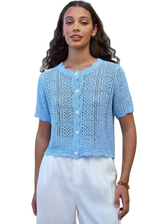 YUMI Crochet Short Sleeve Cardigan - Blue