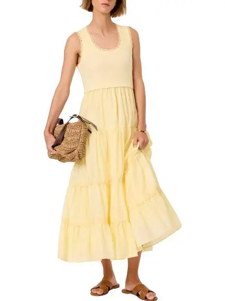 Mint Velvet Sleeveless Crochet Trim Tiered Midi Dress - Yellow