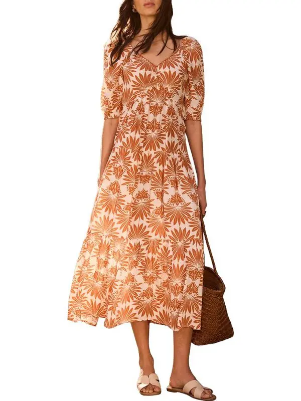Mint Velvet Floral V-neck Midi Dress - Orange