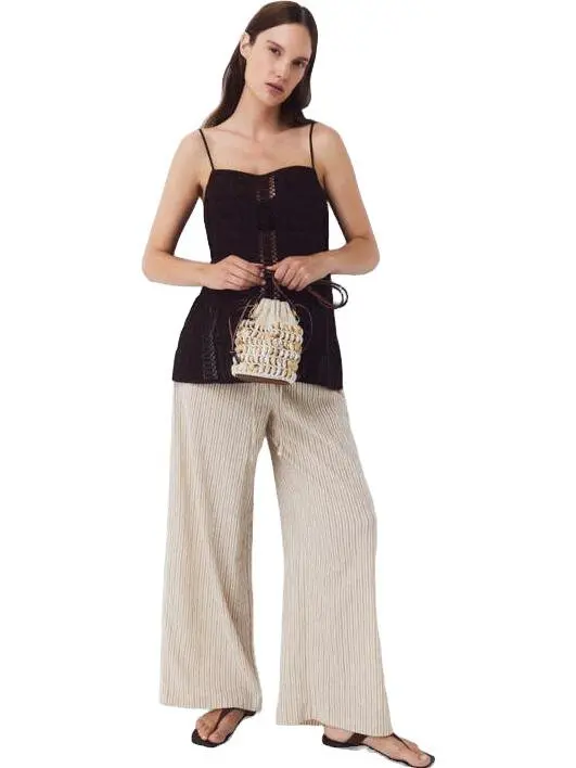 H&m Mama Textured Drawstring Wide Leg Trousers - Light Beige/striped