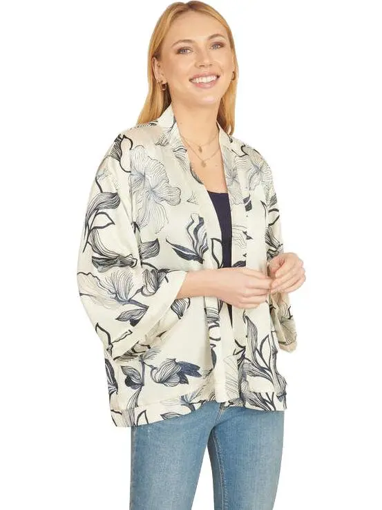 YUMI Abstract Floral Print Open Front Top With Flared Sleeves - Ivory