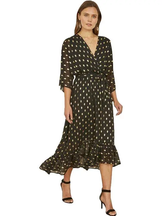 YUMI Foil Print Wrap Over Dress - Black