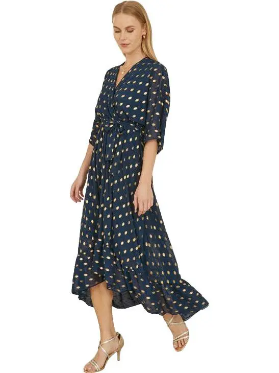 YUMI Foil Print Wrap Over Dress - Navy