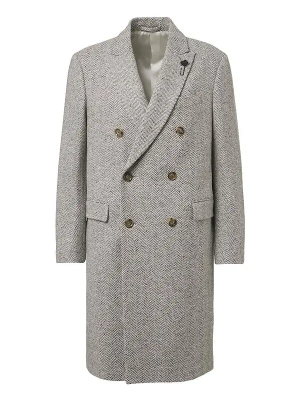 LARDINI Herringbone Virgin Wool Double-breasted Coat - Grey