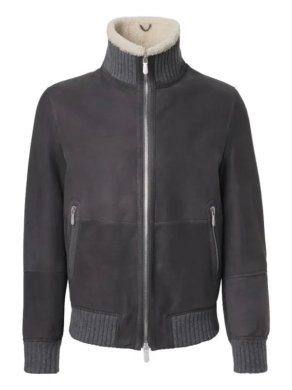 Brunello Cucinelli Suede Shearling Trimmed Blouson Jacket - Grey
