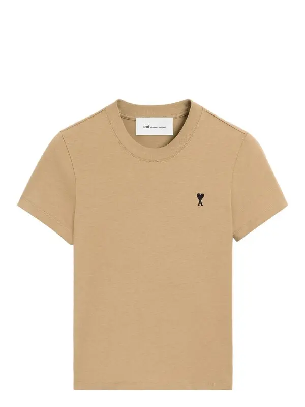 AMI Paris Cotton T-shirt With De Coeur Embroidery - Mastic Beige/black