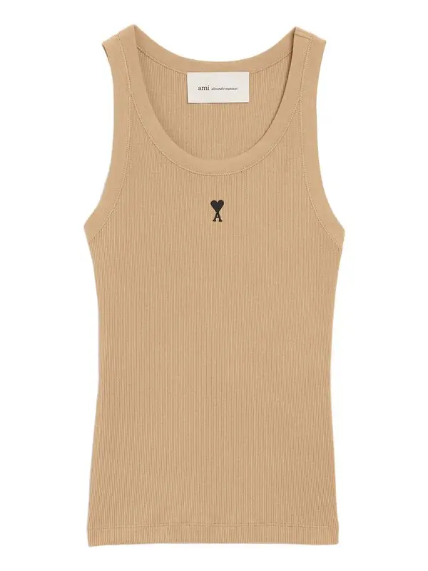 AMI Paris Cotton Tank Top With De Coeur Embroidery - Mastic Beige/black