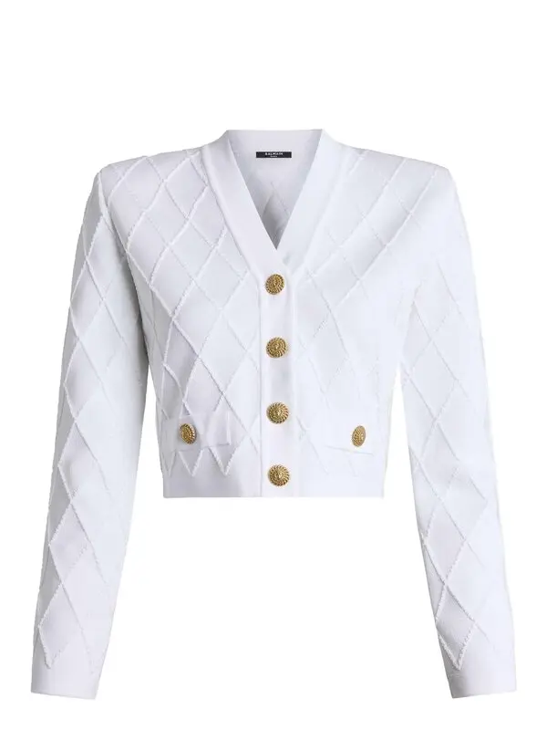 Balmain Cropped Knit Cardigan With Quilted Effect And Metal Buttons - White