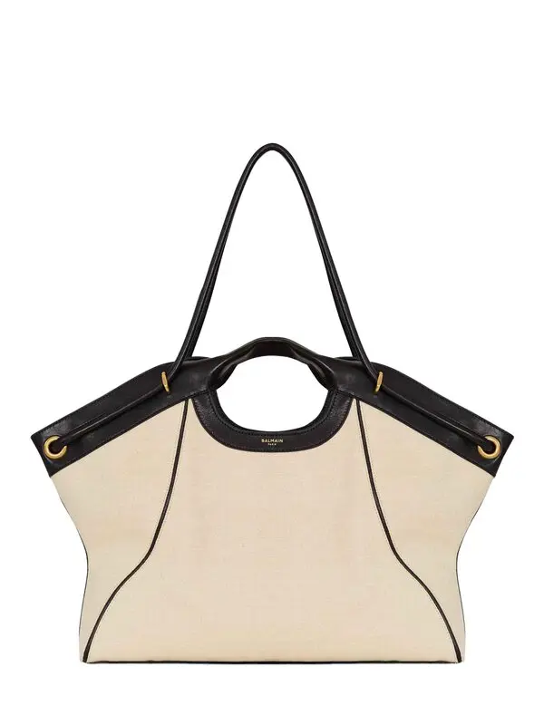 Balmain Large Tote In Smooth Leather And Canvas - Beige