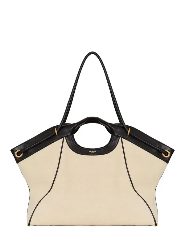 Balmain Large Tote In Smooth Leather And Canvas - Beige