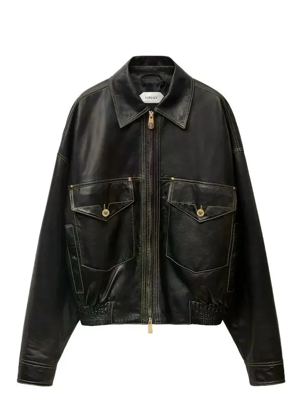 Versace Nappa Leather Blouson Jacket With Medusa Hardware - Black