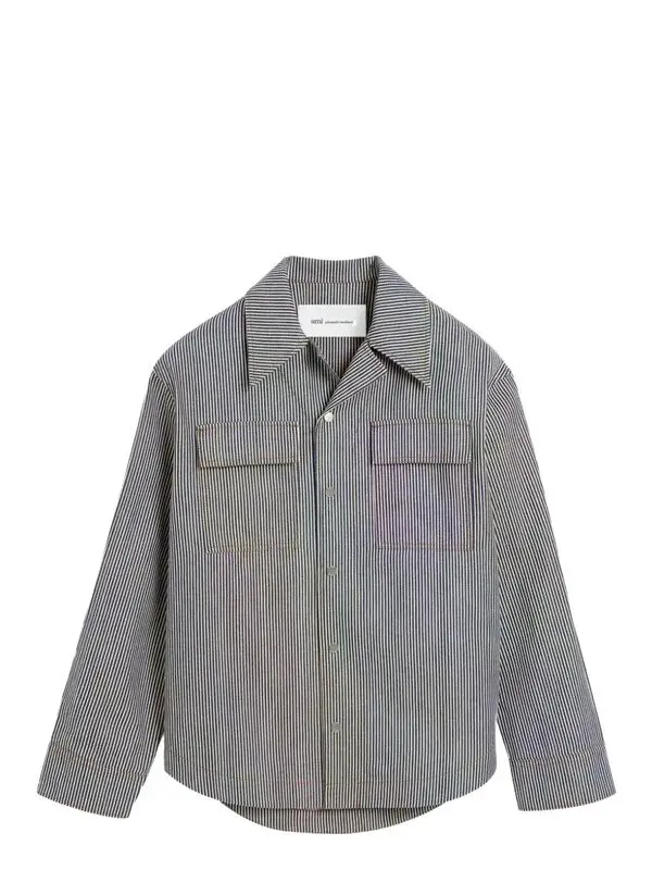 AMI Paris Cotton Long Sleeve Camp Collar Overshirt - Blue