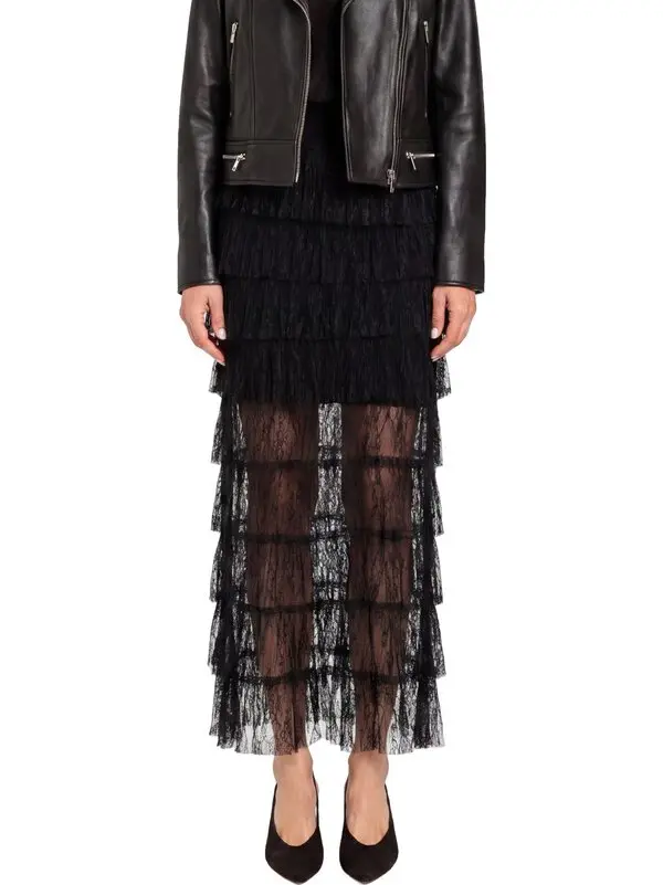 TWINSET Midi Lace Skirt With Embroidery And Ruffles - Black