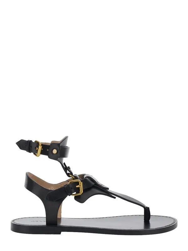 Isabel Marant Étoile Low-heeled Calf Leather Thong Sandals With Ankle Strap - Black