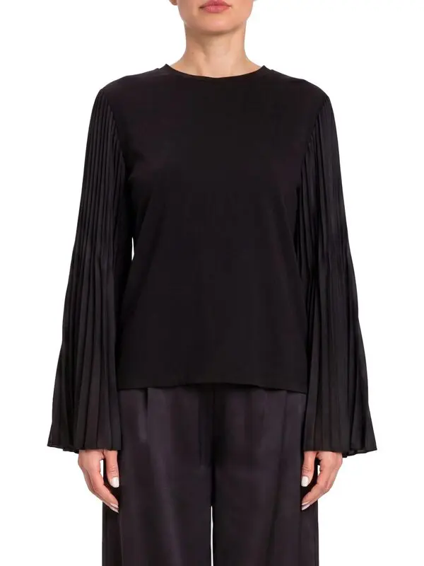 TWINSET U & B Cotton Blend Pleated Sleeve Top - Black