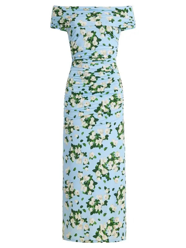 Carolina Herrera Floral Jersey Gathered Off-the-shoulder Midi Dress - Blue