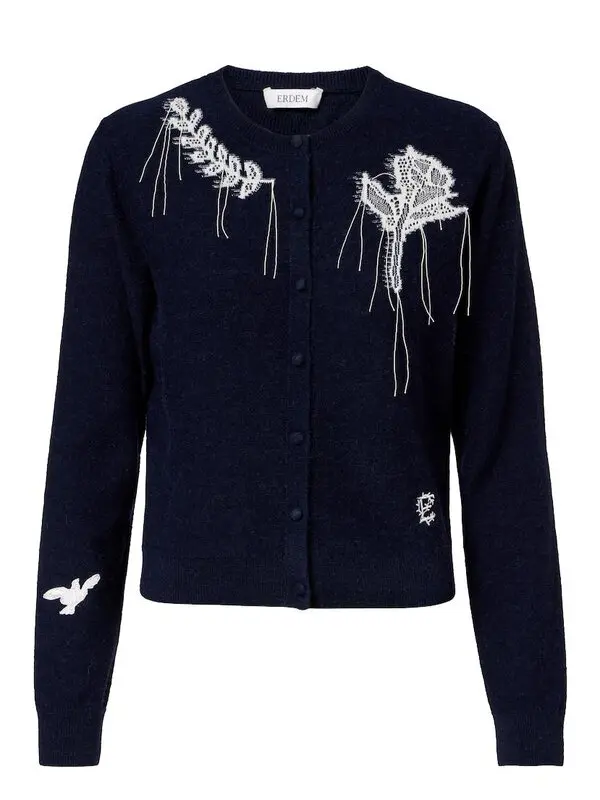Erdem Embroidered Wool Blend Cardigan - Blue