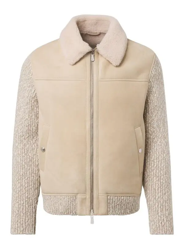 Eleventy Shearling-lined Suede And Knit Bomber Jacket - Beige