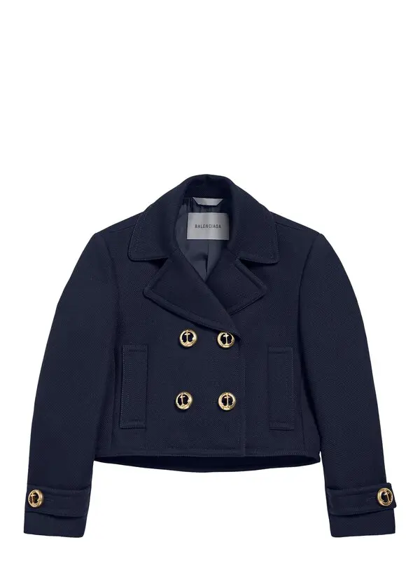 Balenciaga Cropped Wool Pea Coat - Navy
