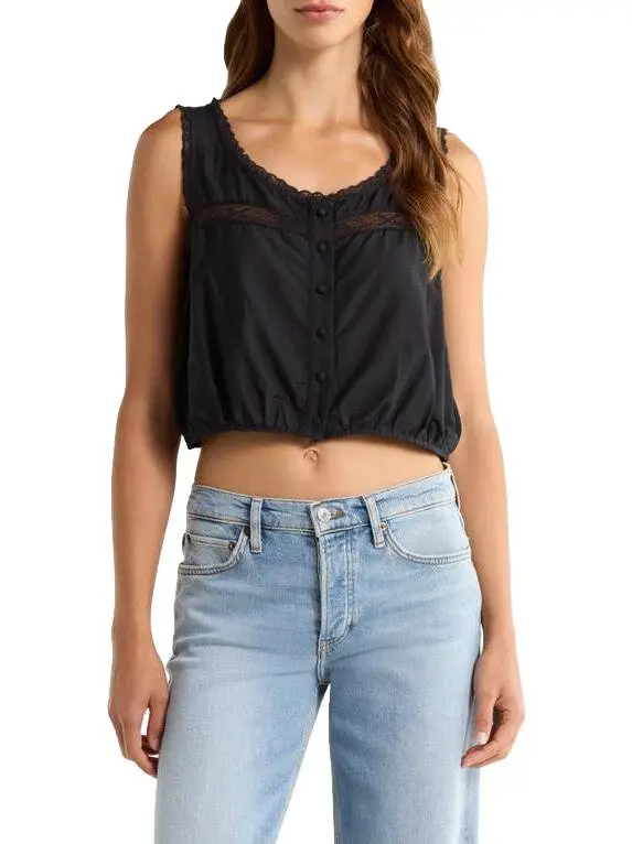 RE/DONE Allegra Lace Trim Button-up Crop Top - Black