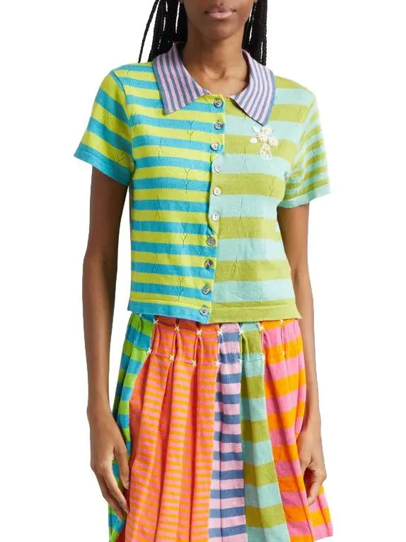 YANYAN Daisy Embroidered Stripe Pointelle Cardigan - Lime Multi