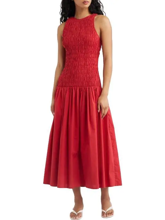 Faithfull The Brand Sanchia Shirred Drop Waist Midi Dress - Chilli