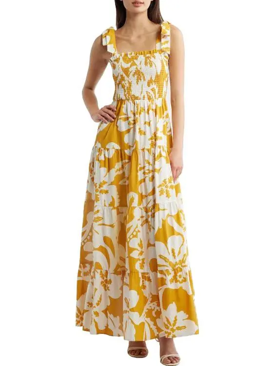 FLYING TOMATO Floral Tie Shoulder Tiered Maxi Dress - Yellow