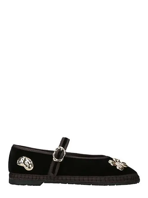 FLABELUS Mae Pierre Jewel Velvet Mary Jane Flats - Black
